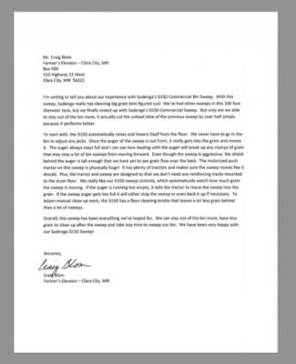 Sudenga Commercial Bin Sweep Testimonial - Sudenga Industries Inc.